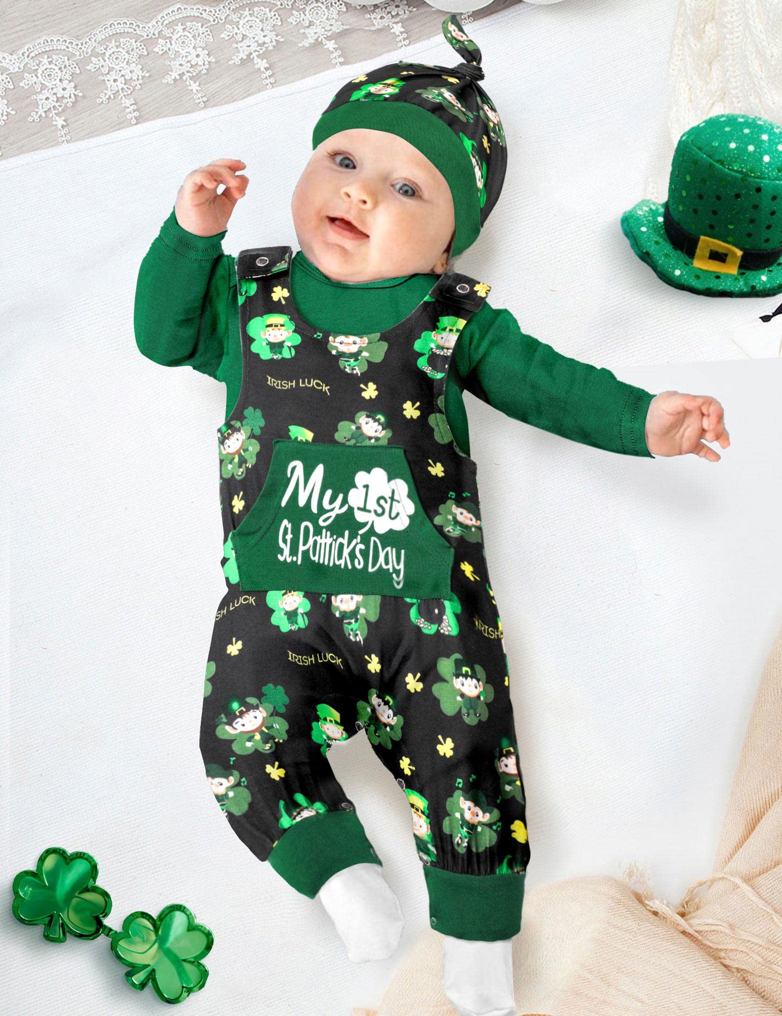 KANGKANG St Patricks Day Baby Boy Outfit My First St Patricks Day Baby Boy Outfit Baby Boy Clothes 3-6 Months Baby Rompers Overalls Hat