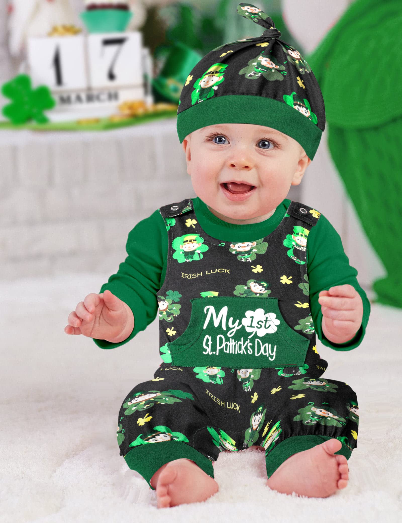 KANGKANG St Patricks Day Baby Boy Outfit My First St Patricks Day Baby Boy Outfit Baby Boy Clothes 3-6 Months Baby Rompers Overalls Hat