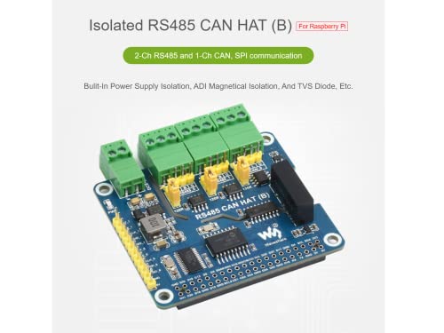 2-Channel RS485 and 1-Channel CAN Expansion Board Isolated RS485 CAN HAT (B) for Raspberry Pi 4B/3B+/3B/2B/B+/A+/Zero W/Zero WH,Multiple Protection Circuits,SPI Communication