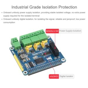 2-Channel RS485 and 1-Channel CAN Expansion Board Isolated RS485 CAN HAT (B) for Raspberry Pi 4B/3B+/3B/2B/B+/A+/Zero W/Zero WH,Multiple Protection Circuits,SPI Communication