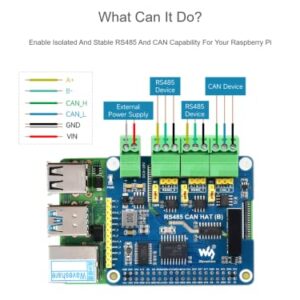 2-Channel RS485 and 1-Channel CAN Expansion Board Isolated RS485 CAN HAT (B) for Raspberry Pi 4B/3B+/3B/2B/B+/A+/Zero W/Zero WH,Multiple Protection Circuits,SPI Communication