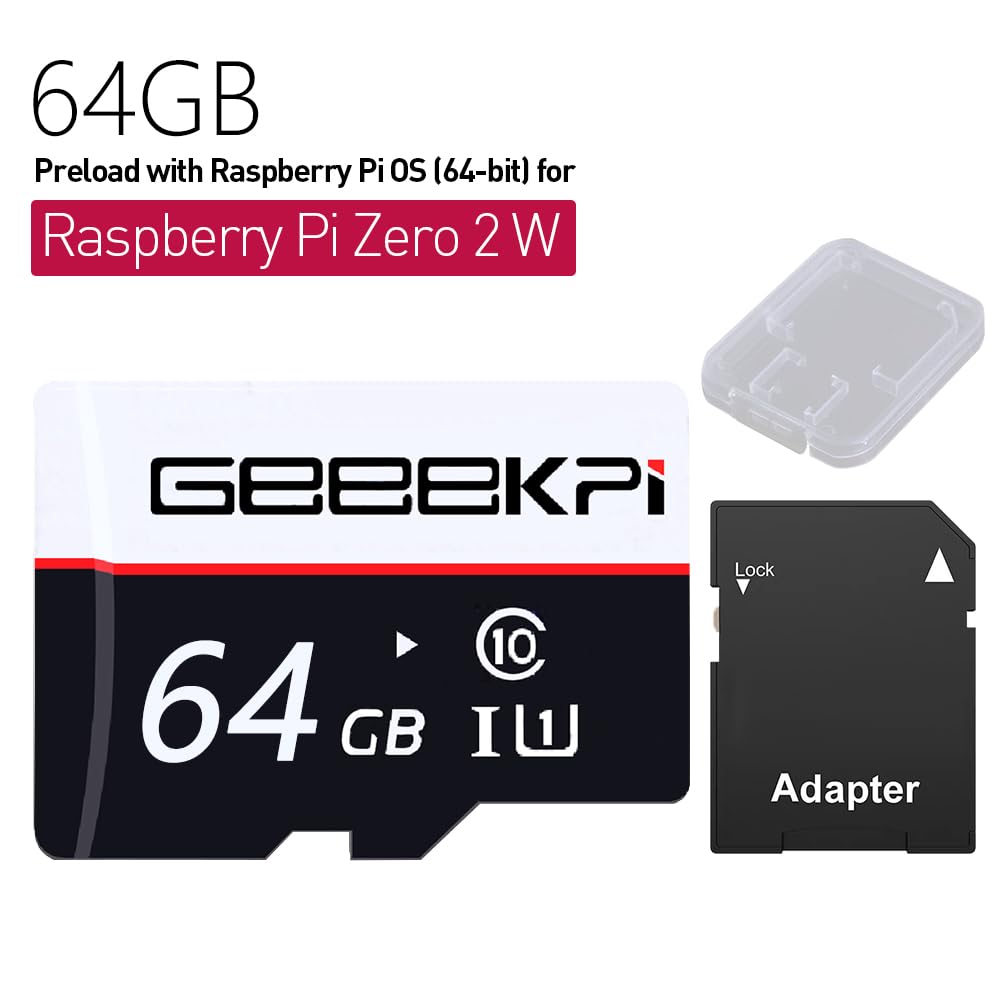 GeeekPi Starter Kit for Raspberry Pi Zero 2 W, with Zero 2 W Case 64GB SD Card Preloaded OS, QC3.0 Power Supply, 20 Pin Header, Micro USB to OTG Adapter, HDMI Cable, Heatsink, ON/Off Switch Cable