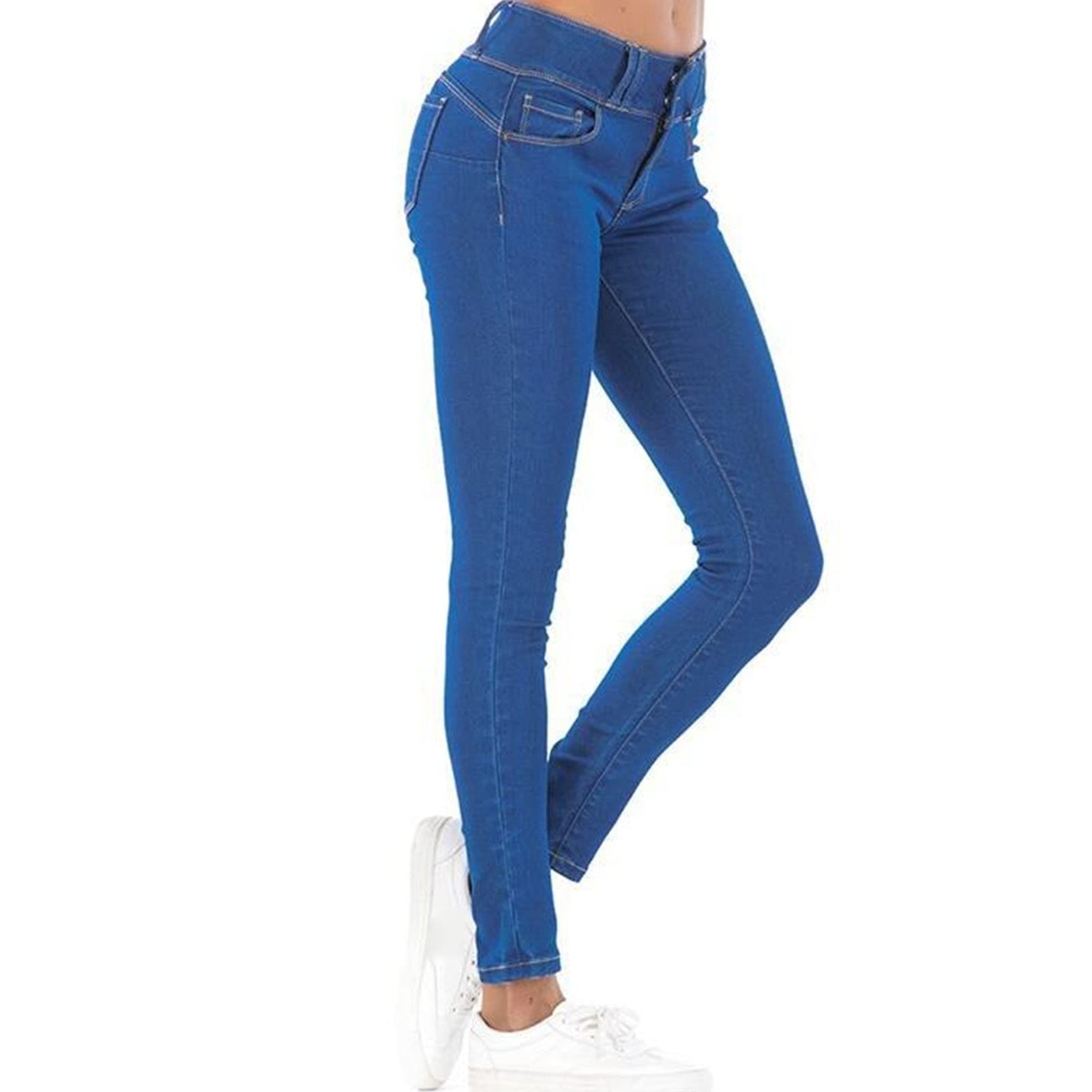 Women's Mid Rise Skinny Pencil Jeans Casual Slim Fit Butt Lift Denim Pants 2 Button Washed Stretch Jean Trousers (Dark Blue,Medium)