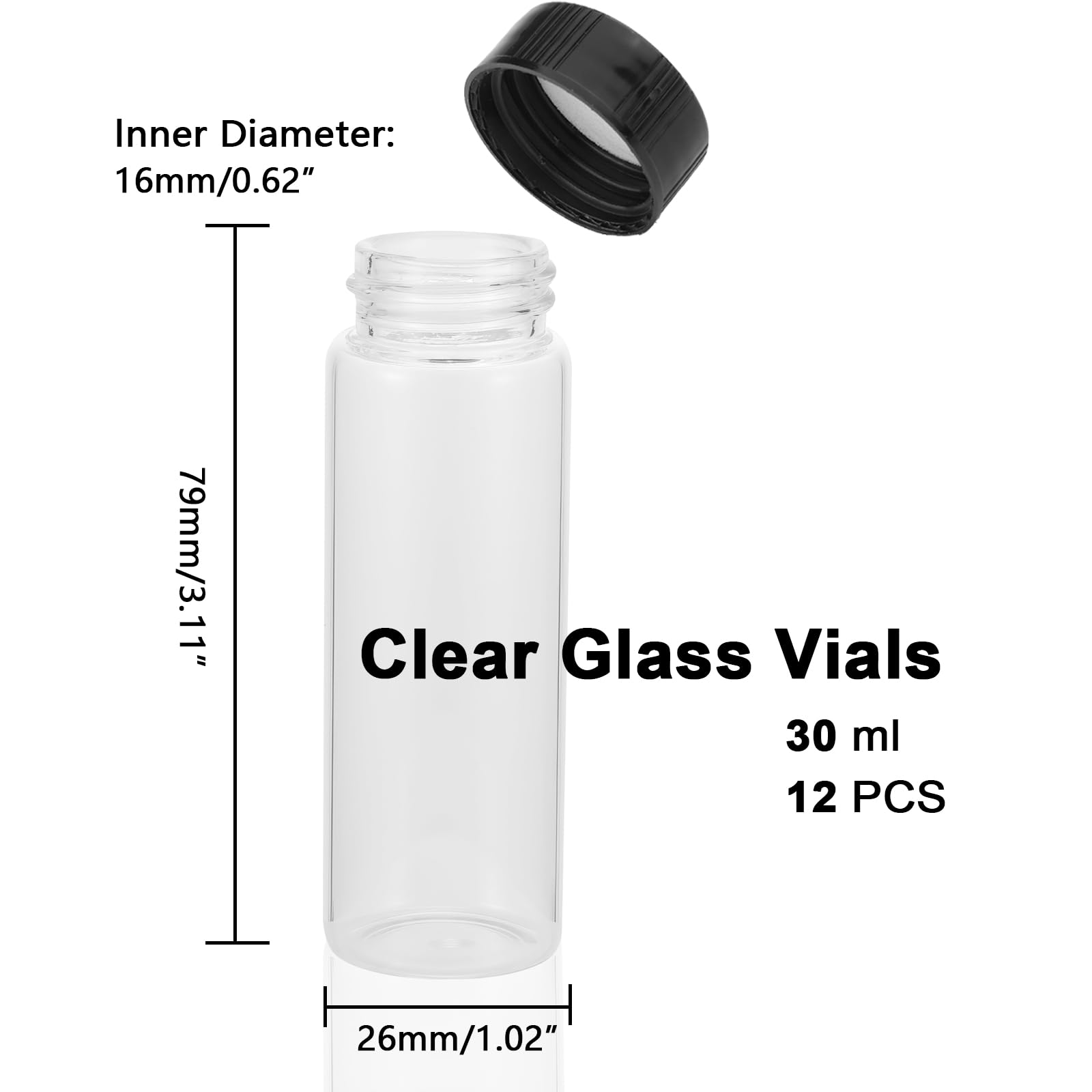 JIUWU Clear Glass Vials 30ml Empty Lab Vials Bottles Liquid Sampling Sample Glass Bottles Screwcap Pack of 12