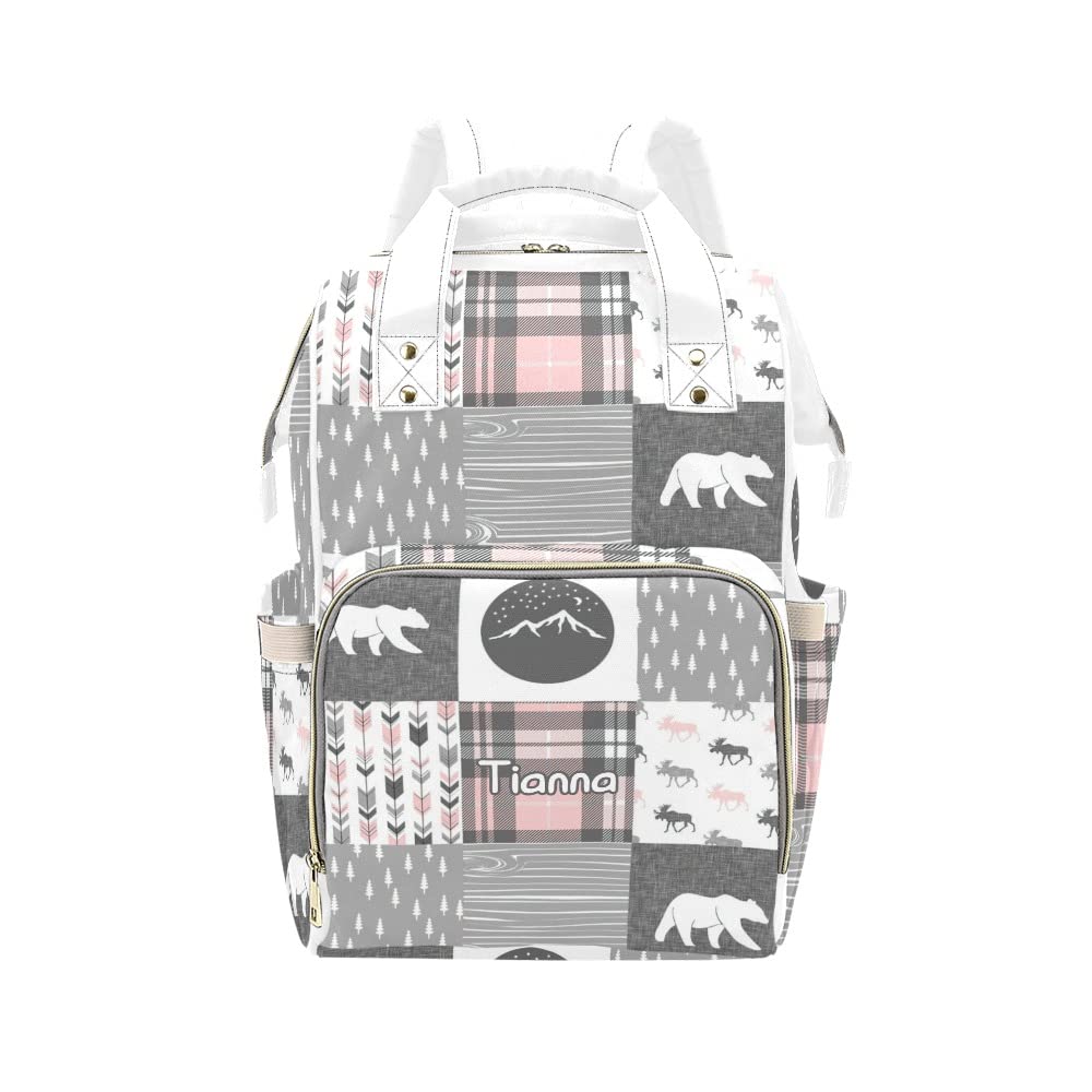 XOZOTY Patchwork Woodland Bear Reindeer Diaper Bags with Name Waterproof Mummy Backpack Nappy Nursing Baby Bags Gifts Tote Bag for Women