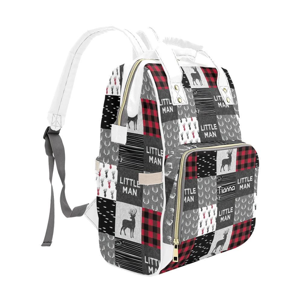 XOZOTY Antler Little Man Red Woodland Plaid Diaper Bags with Name Waterproof Mummy Backpack Nappy Nursing Baby Bags Gifts Tote Bag for Women