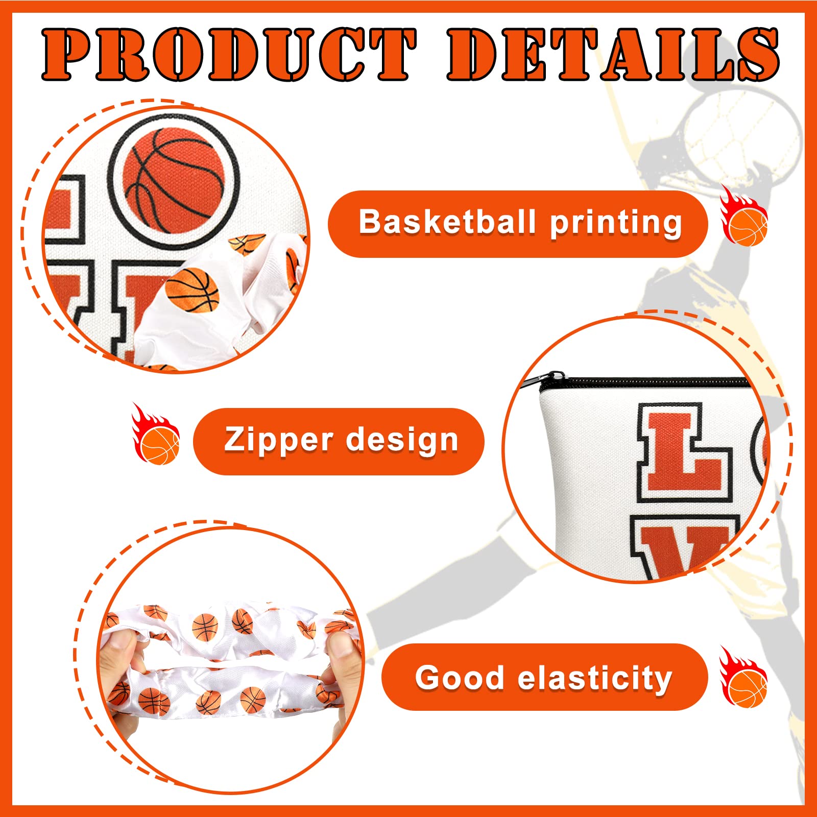 24 Basketball Stuff Set Cosmetic Bags Sport Makeup Bags Pencil Case Portable Storage Case Satin Sport Hair Scrunchies Elastic Hair Bands Basketball Gifts Basketball Accessories for Girl (White, Love)