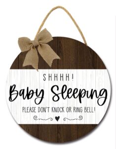 sokomurg shhh... baby sleeping sign for front door please don't knock or ring bell hanging sign plaque, round rustic wooden door hanger for baby room, nursery, kindergarten, bedroom, door knob door decor