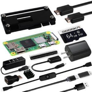 geeekpi starter kit for raspberry pi zero 2 w, with zero 2 w case 64gb sd card preloaded os, qc3.0 power supply, 20 pin header, micro usb to otg adapter, hdmi cable, heatsink, on/off switch cable