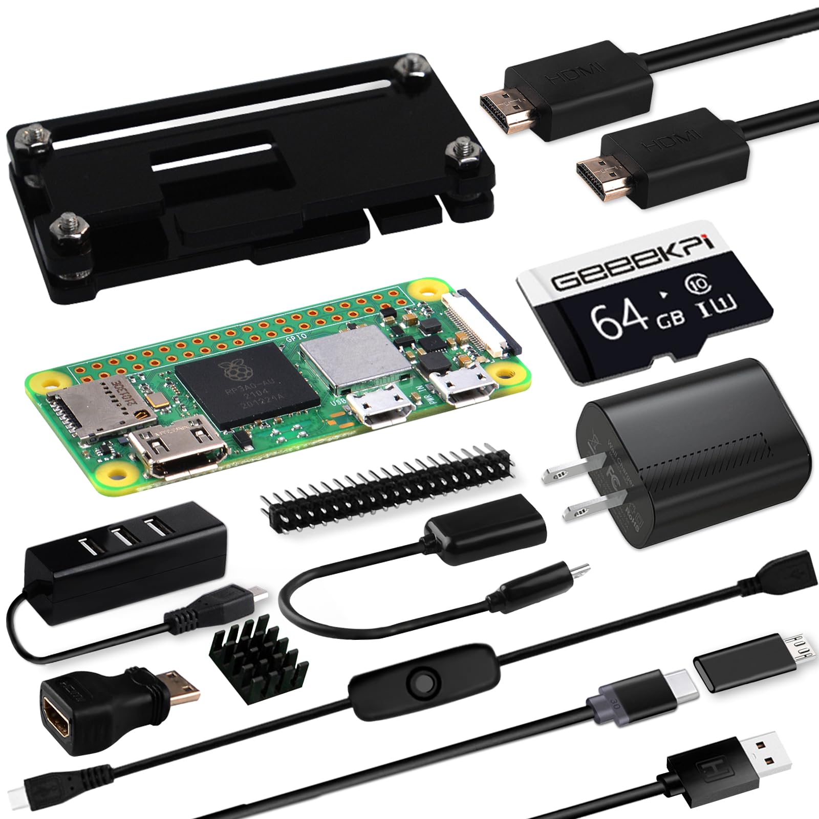 GeeekPi Starter Kit for Raspberry Pi Zero 2 W, with Zero 2 W Case 64GB SD Card Preloaded OS, QC3.0 Power Supply, 20 Pin Header, Micro USB to OTG Adapter, HDMI Cable, Heatsink, ON/Off Switch Cable