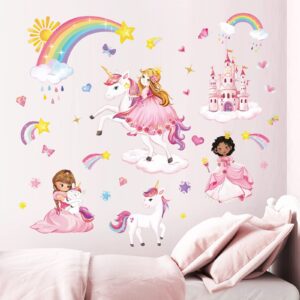 wondever princess unicorn wall stickers castle rainbow peel and stick wall art decals for girls bedroom kids room baby nursery