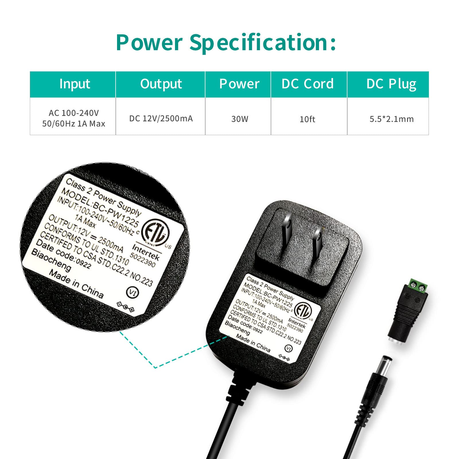 12V 2.5A 30W Power Supply Adapter ETL AC to DC (Input 100-240V, Output 12 Volt 2.5amp), 10 Foot Cord 5.5x2.1mm DC Plug, Wall Wart Transformer for DC12V CCTV Camera LED Strip Light (30 Watt)