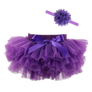 hoolchean baby infant girls fluffy soft tutu skirt (skort) and headband suit (purple, 6-12 months)