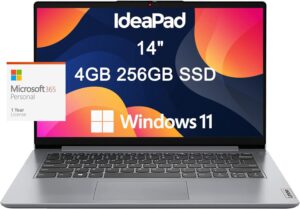 lenovo ideapad 1i laptop (14" anti-glare display, intel dual core processor, 4gb ram, 256gb ssd), 1 year office 365, student & home, 720p webcam w/privacy shutter, wi-fi 6, win 11 home in s, grey