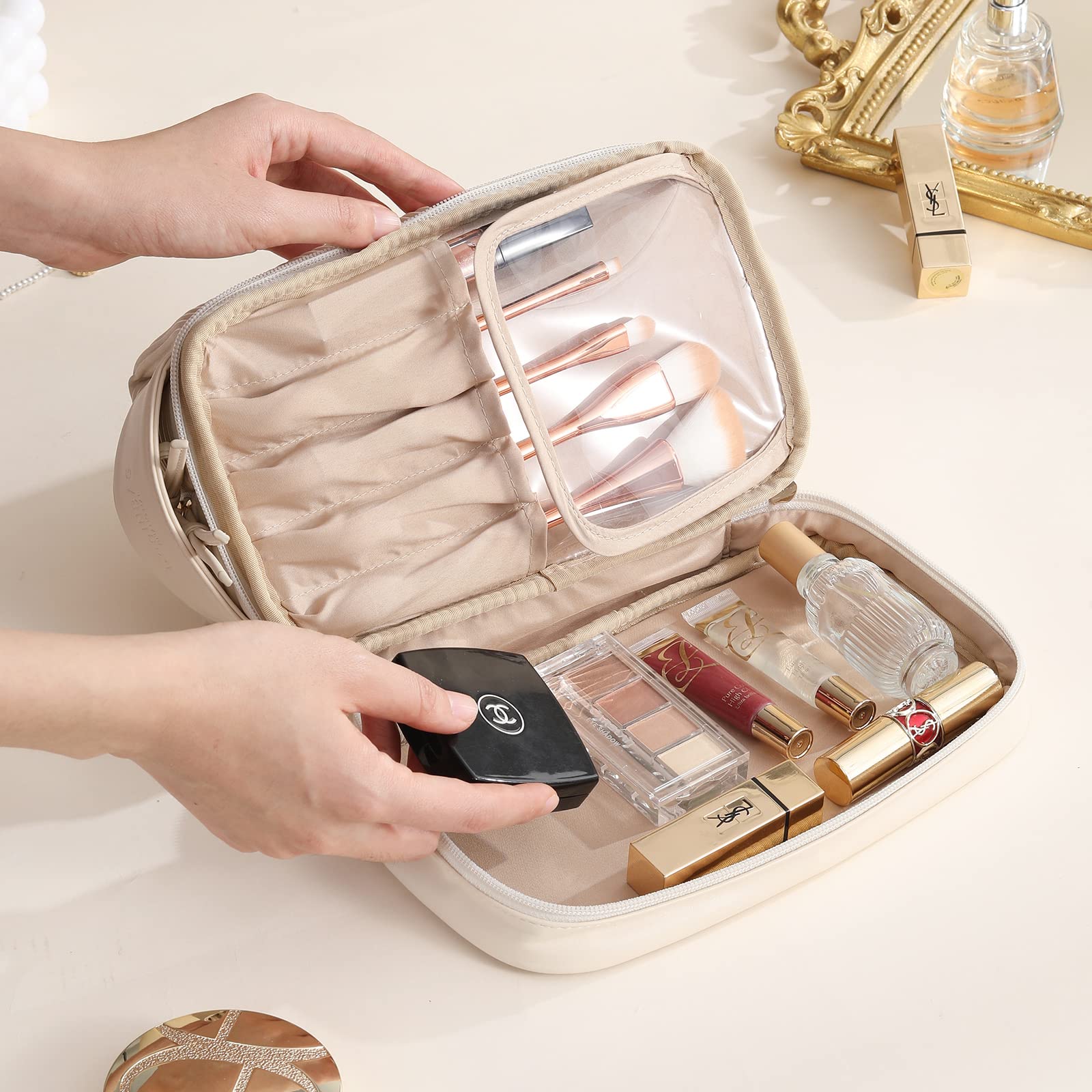 bagINBAG QIANPA Makeup Bag, Large Double Layer Waterproof Travel Bag with Handle and Brush Compartment for Women (Cream)