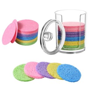 50-count compressed natural facial sponges for face cleansing, reusable cosmetic sponge, used for exfoliating and makeup removal with clear plastic storage jar (colourful, 50pcs）