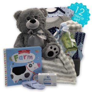 baby boy gift basket set great for newborn essentials, new baby gift basket kit, baby shower gifts, welcome home bundle for boys, gender reveal, congratulations to new mom, new baby registry box, more