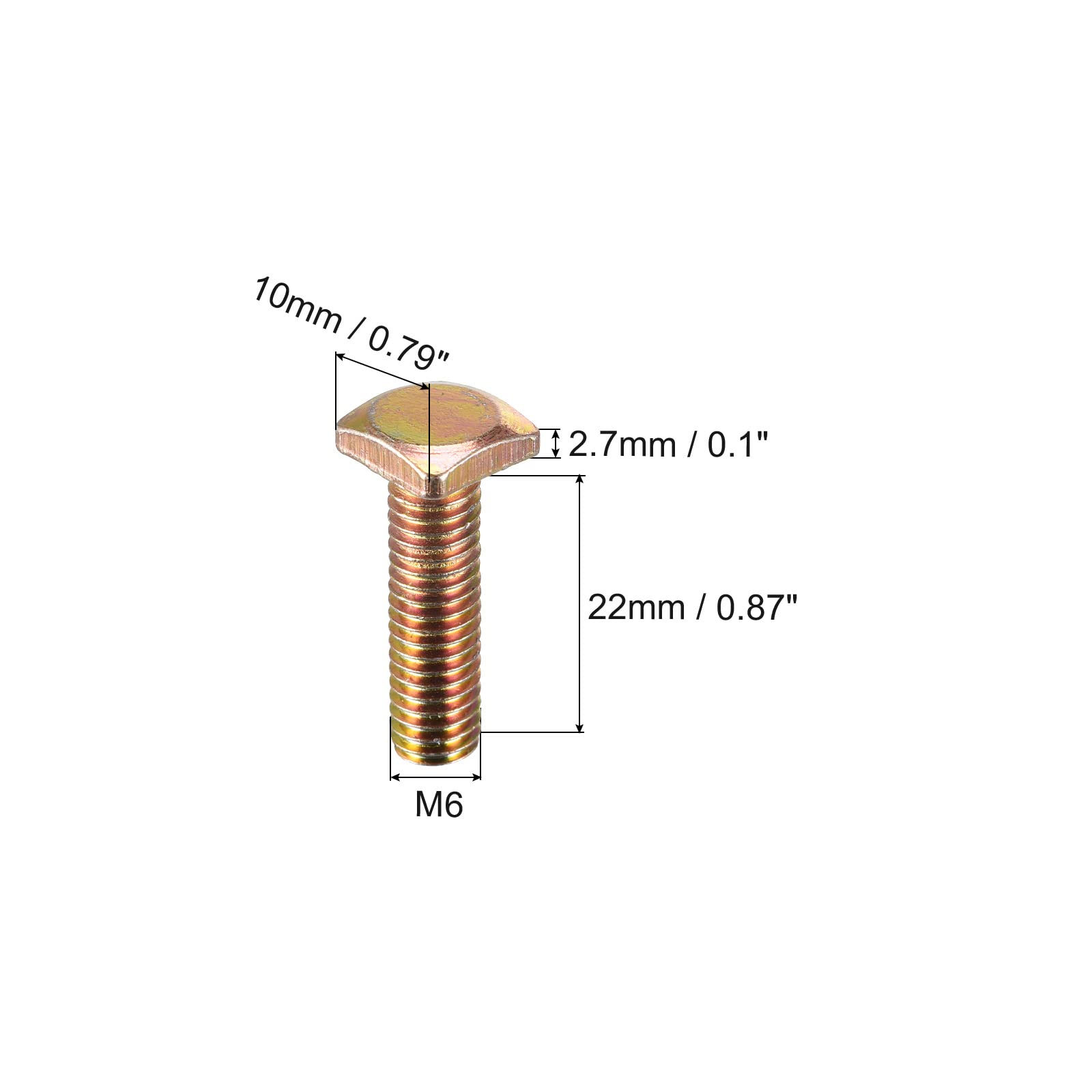 uxcell Square Head Bolt, 10pcs M6x22mm Fully Thread Carbon Steel Grade 4.8 Square Machine Screws, Gold Tone