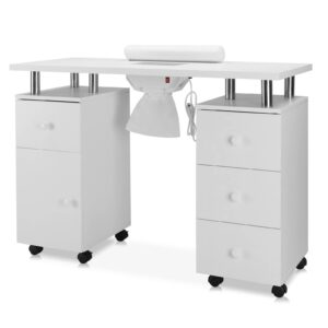 omysalon manicure table nail desk for nail tech, nail table station w/electric dust collector, nail makeup storage for beauty salon acetone resistant w/lockable wheels,wrist cushion,drawers & cabinet