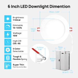 Consciot Ultra-Thin LED Recessed Lighting 6 Inch 12 Pack, Slim Junction Box, 2700k-5000k, CRI>90, 5CCT Dimmable Canless Retrofit Recessed Light Fixtures, 16W, 1150LM Wafer Downlight, ETL