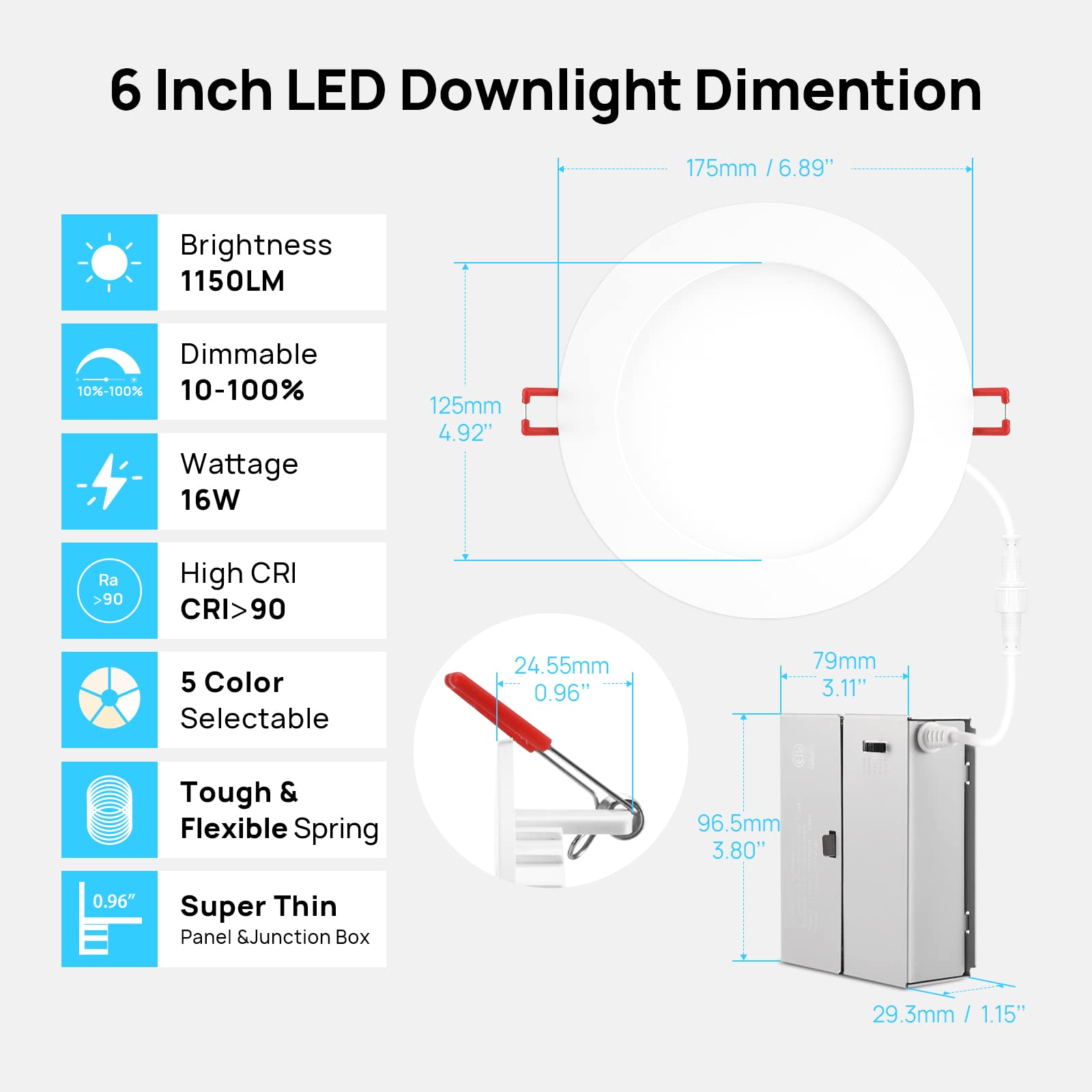 Consciot Ultra-Thin LED Recessed Lighting 6 Inch 12 Pack, Slim Junction Box, 2700k-5000k, CRI>90, 5CCT Dimmable Canless Retrofit Recessed Light Fixtures, 16W, 1150LM Wafer Downlight, ETL