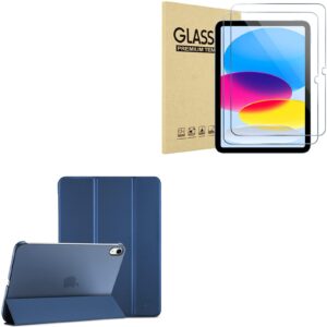 procase 2 pack screen protector tempered glass for ipad 10.9 10th generation 2022 a2696/a2757/a2777 bundle with slim stand hard shell case for 10.9” ipad 10th gen 2022 release a2696 a2757 a2777 -navy