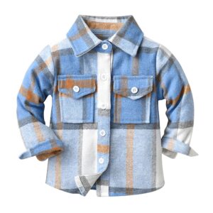 baby boys flannel shirts jackets: toddler long sleeve shirt boy girl shacket fall photoshoot outfits for toddler button down dress shirt kids winter christmas clothes plaid outwear blue 18-24 months