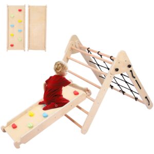 bophy toddler indoor gym playset, 2-in-1 wooden climbing toys, triangle folding climbing for climbing & sliding for boys and girls,18m+