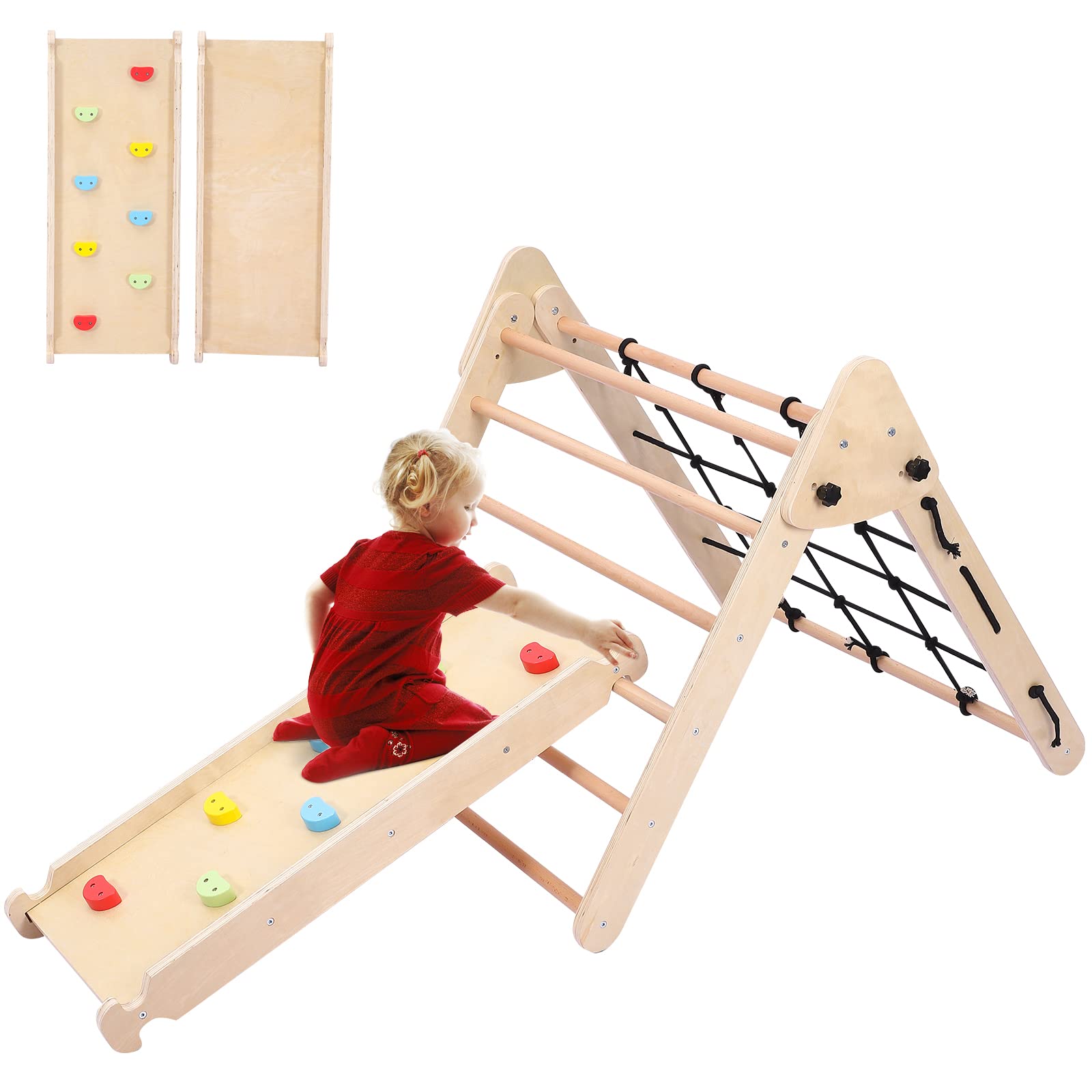 Bophy Toddler Indoor Gym Playset, 2-in-1 Wooden Climbing Toys, Triangle Folding Climbing for Climbing & Sliding for Boys and Girls,18M+