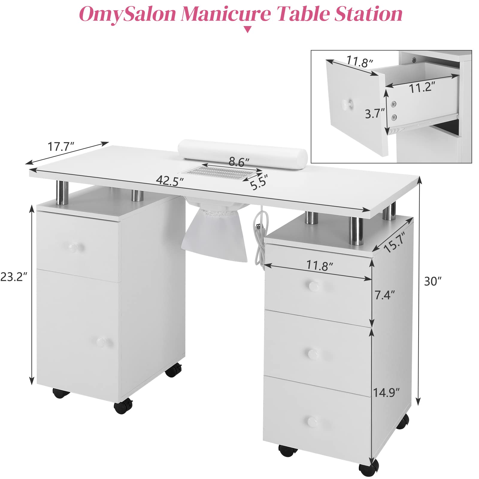 OmySalon Manicure Table Nail Desk for Nail Tech, Nail Table Station w/Electric Dust Collector, Nail Makeup Storage for Beauty Salon Acetone Resistant w/Lockable Wheels,Wrist Cushion,Drawers & Cabinet