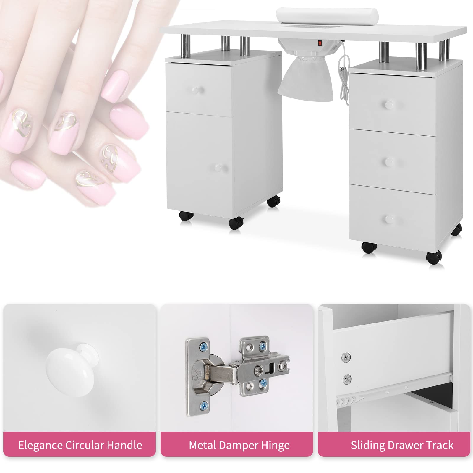 OmySalon Manicure Table Nail Desk for Nail Tech, Nail Table Station w/Electric Dust Collector, Nail Makeup Storage for Beauty Salon Acetone Resistant w/Lockable Wheels,Wrist Cushion,Drawers & Cabinet