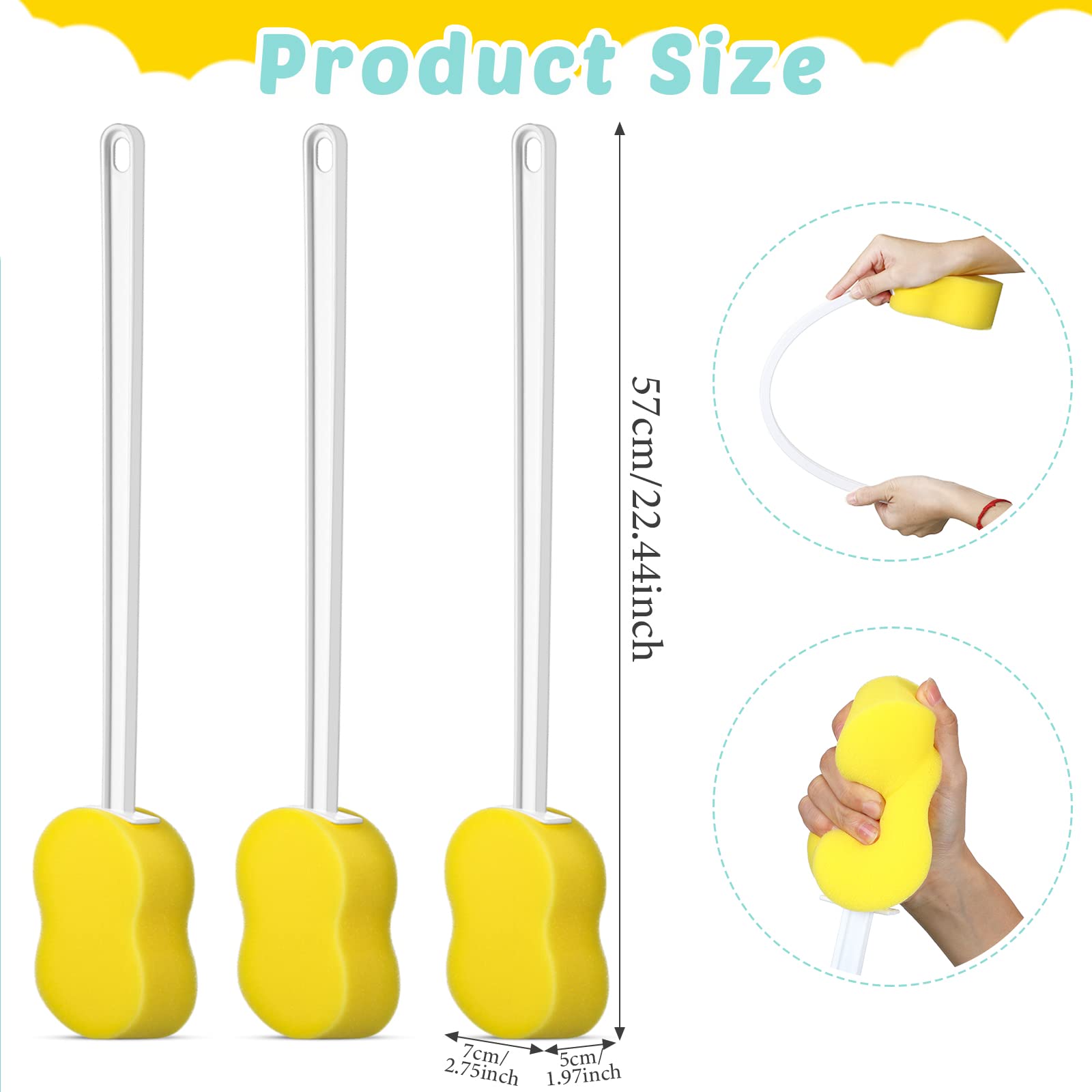 3 Pieces Long Handle Bath Sponge 22.4'' Back Sponge on a Stick Lightweight Back Washer Handled Butt Scrubber Shower Brush for Foot Body Cleaning Bathing Limited Motion, Yellow Sponge