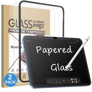 esanik 2 pack like paper glass screen protector for ipad 10.9 10th generation (2022, 10.9 inch) 9h tempered glass film with alignment frame, writing like on paper, anti glare, apple pencil compatible