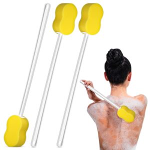 3 pieces long handle bath sponge 22.4'' back sponge on a stick lightweight back washer handled butt scrubber shower brush for foot body cleaning bathing limited motion, yellow sponge