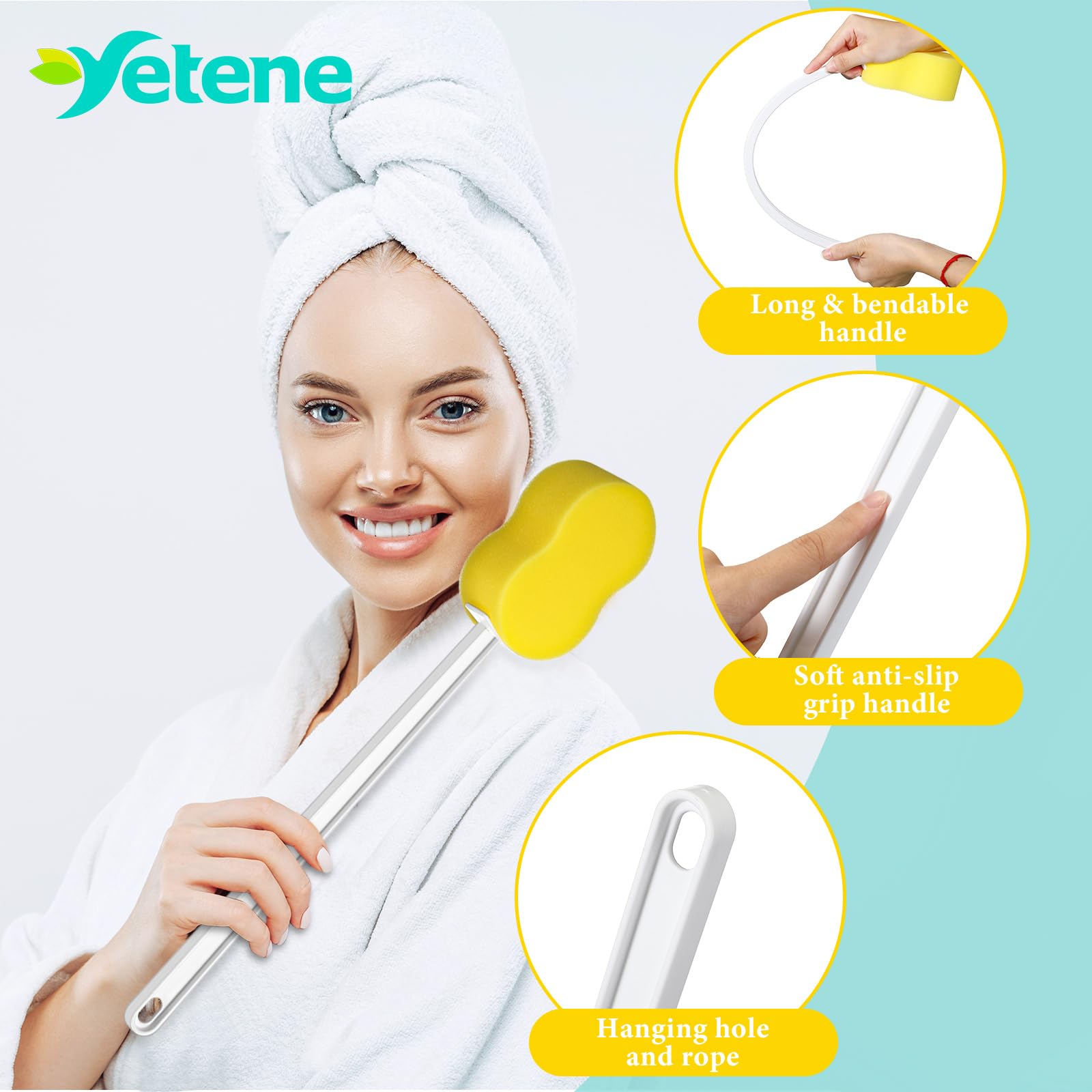 3 Pieces Long Handle Bath Sponge 22.4'' Back Sponge on a Stick Lightweight Back Washer Handled Butt Scrubber Shower Brush for Foot Body Cleaning Bathing Limited Motion, Yellow Sponge