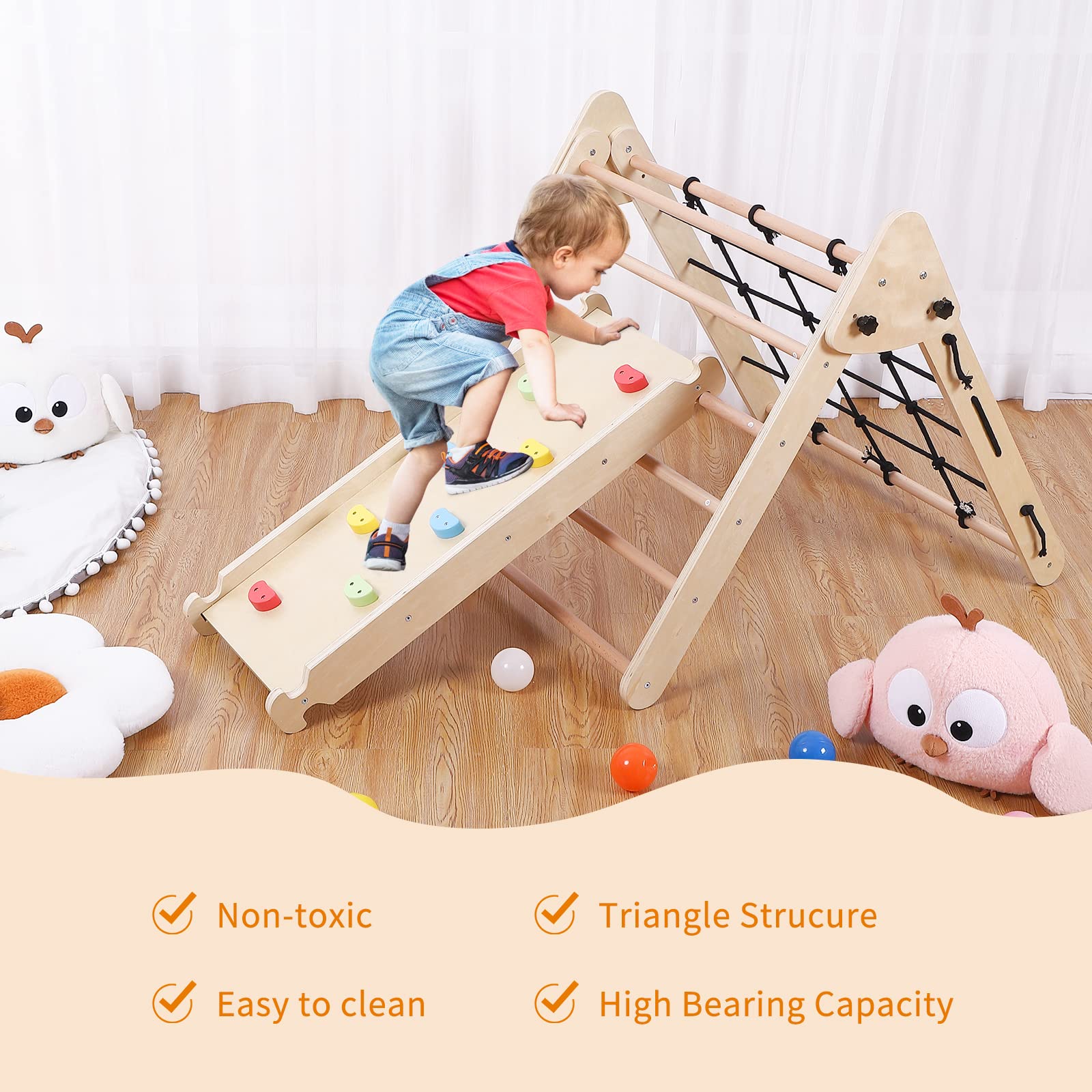 Bophy Toddler Indoor Gym Playset, 2-in-1 Wooden Climbing Toys, Triangle Folding Climbing for Climbing & Sliding for Boys and Girls,18M+