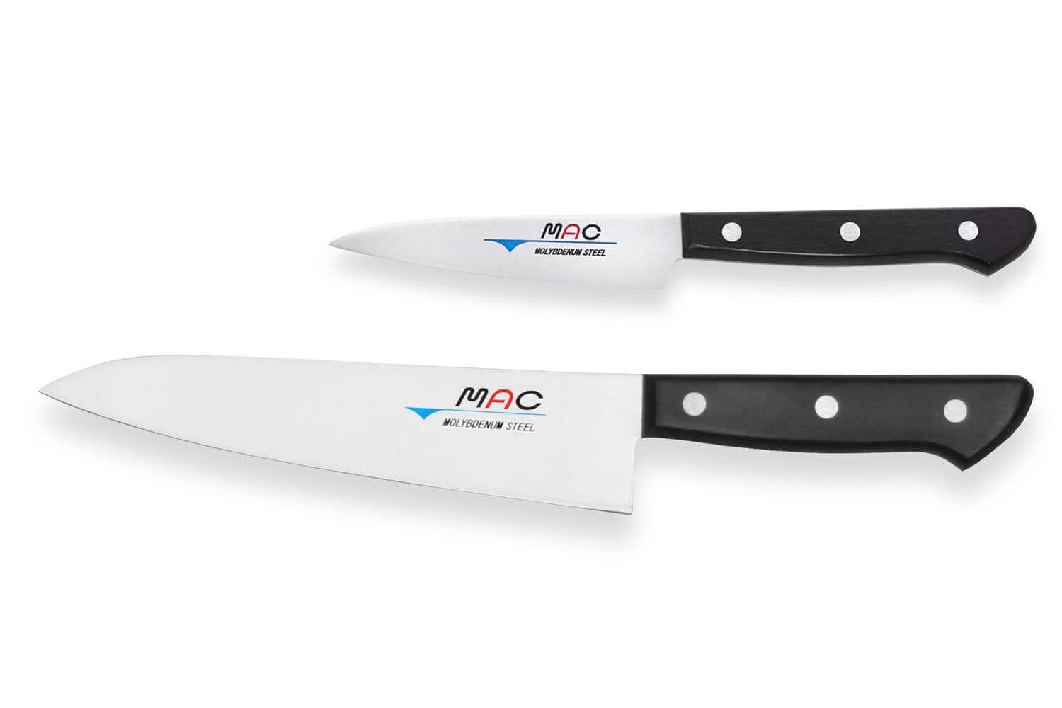 MAC Knife Chef series 2-piece starter knife set H-10, HB-70 Chef series 7.25" Gyutou-style Chef's knife and HB-40 Chef series 4" Paring knife, handcrafted in Seki, Japan