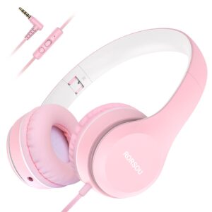 rorsou k5 kids headphones with microphone for shchool, volume limiter 85/94db, foldable stereo tangle-free 3.5mm jack wired cord on-ear headphones for children/boys/girls/kindle/tablet/mp3/4 (pink)