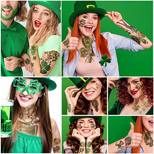 St Patricks Day Temporary Tattoos，70 Sheets 200+ Styles St Patricks Decoration Green Clover Shamrock Leprechauns Irish Flag Party Accessories Fake Tattoo Stickers for Men Women kids