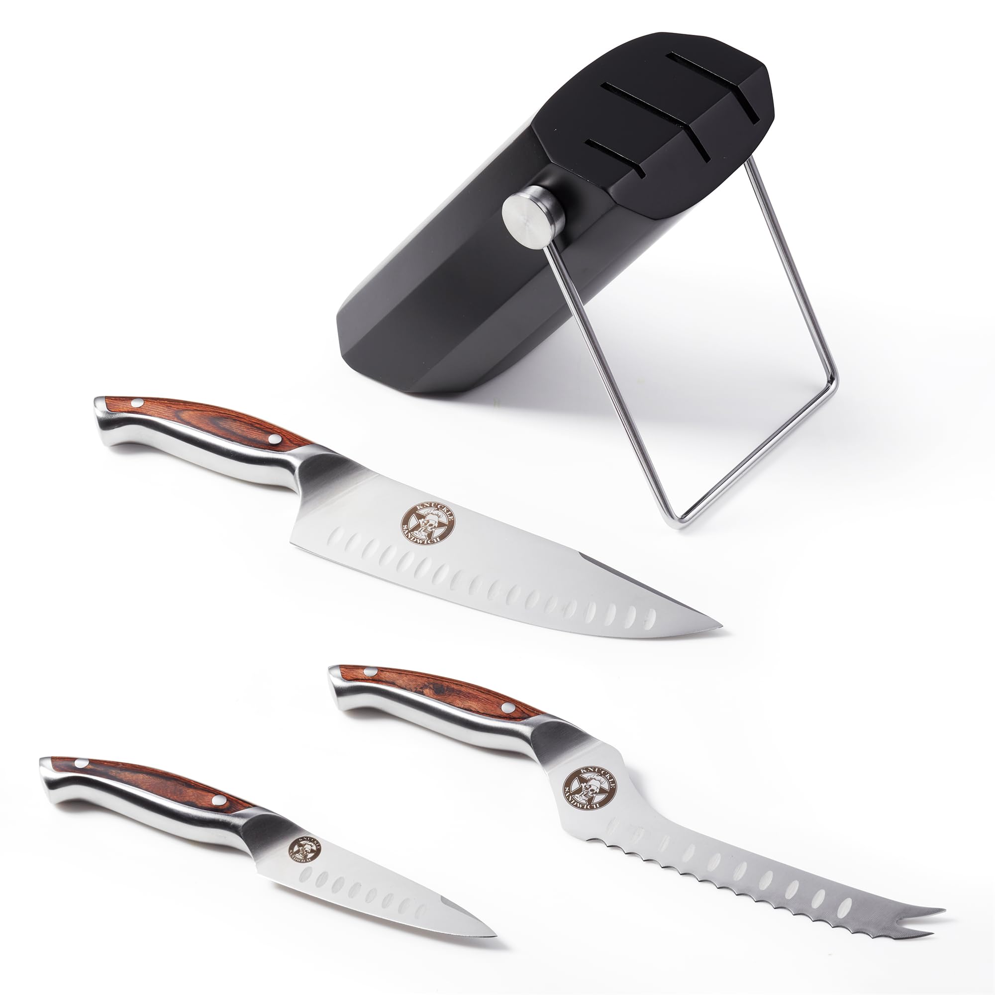 Ergo Chef Guy Fieri Knuckle Sandwich 4pc Knife Block Set Chef knife, Serrated Utility Knife, Paring Knife and Knife Block Premium Stainless Steel Blades with Ergonomic Pakkawood Handles