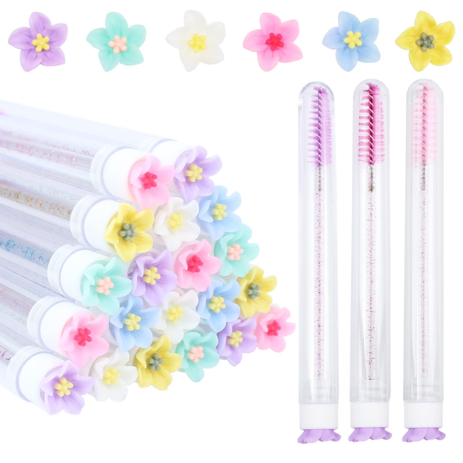 SenRocc 20 Pcs Mascara Wands Tube Set Reusable Lash Brush Rose Flower Tube Eyelash Brush Tubes Spoolies Lash Extension Brushes Applicators Makeup Tools (5-petal-MIX)