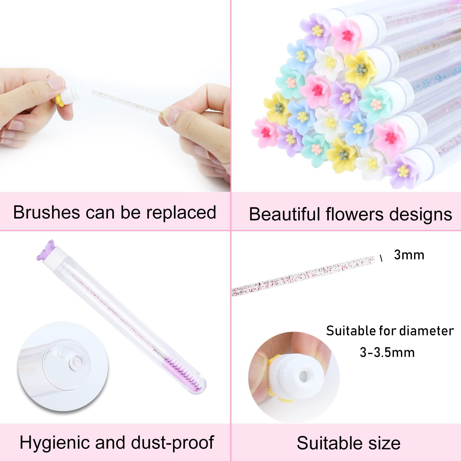 SenRocc 20 Pcs Mascara Wands Tube Set Reusable Lash Brush Rose Flower Tube Eyelash Brush Tubes Spoolies Lash Extension Brushes Applicators Makeup Tools (5-petal-MIX)