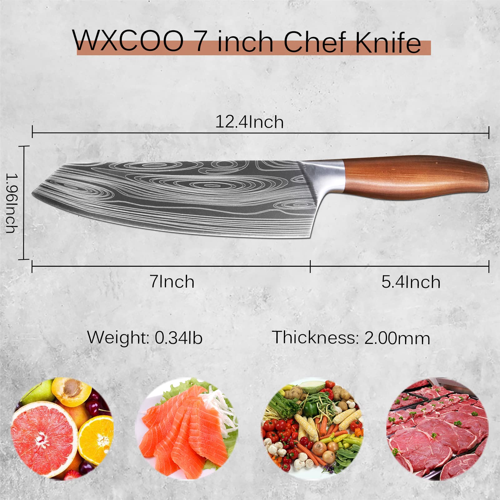 WXCOO 7 inch Laser Engraving Chef Knife, Professional Kitchen Chef’s Cooking Knife Sharp Asian Knives for Home & Restaurant, Stainless Steel Chinese Chef Knife with Wooden Ergonomic Handle