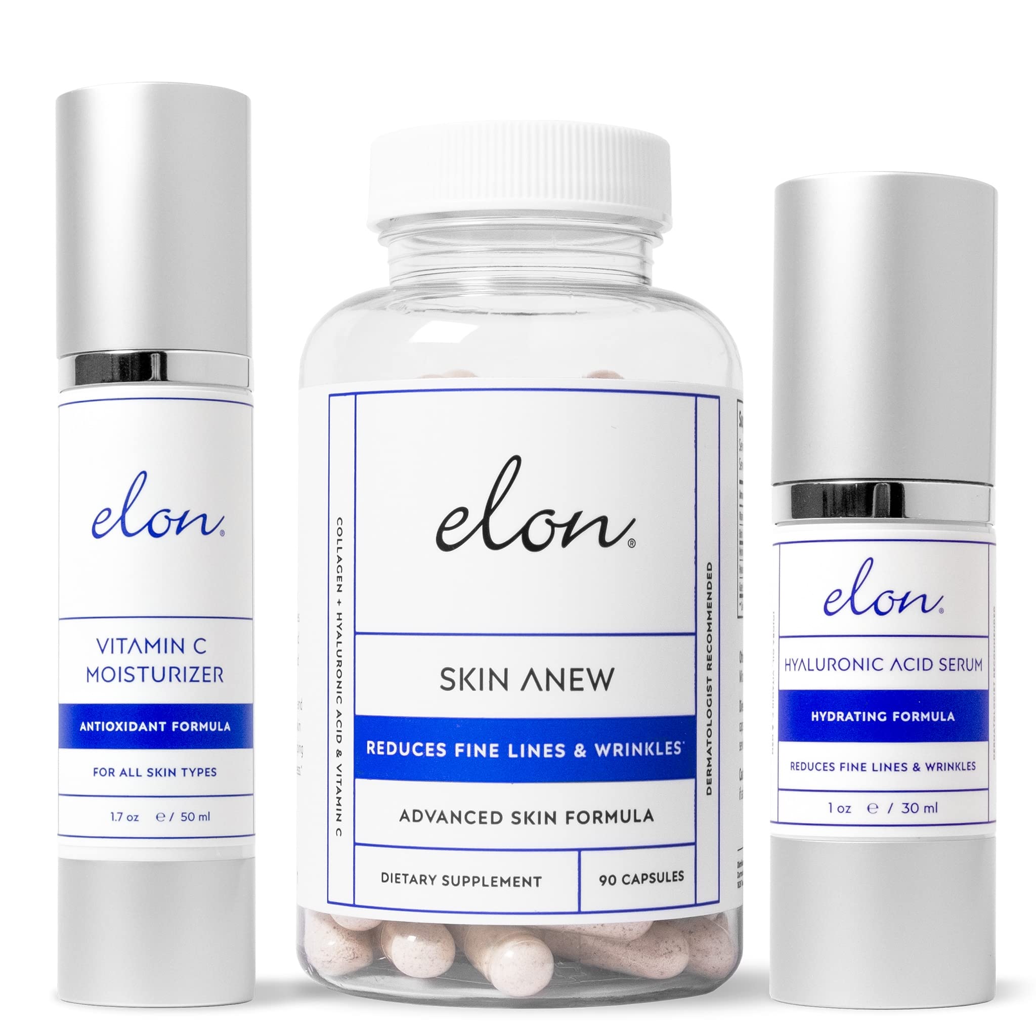 Elon Face Skin Care Set – Skin Care Kit w/ Antioxidant C Moisturizer for Face, Skin Anew Hydrolyzed Collagen Capsules, & Hyaluronic Acid Serum for Face – Skin Care Products for All Skin Types