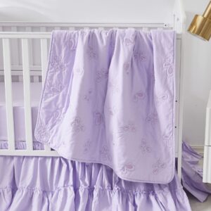 brandream purple baby girls crib bedding set with embroidered butterfly quilt, crib sheet, crib bed skirt | 6-piece cotton nursery bedding set