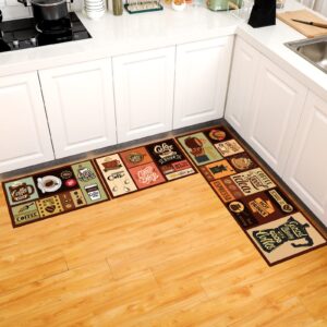 3 pcs kitchen rug set non skid thick black kitchen rugs and mats stain resistant anti fatigue mats for kitchen microfiber floor non slip backing mat, 15.7 x 47.2, 15.7 x 23.6 (coffee style)