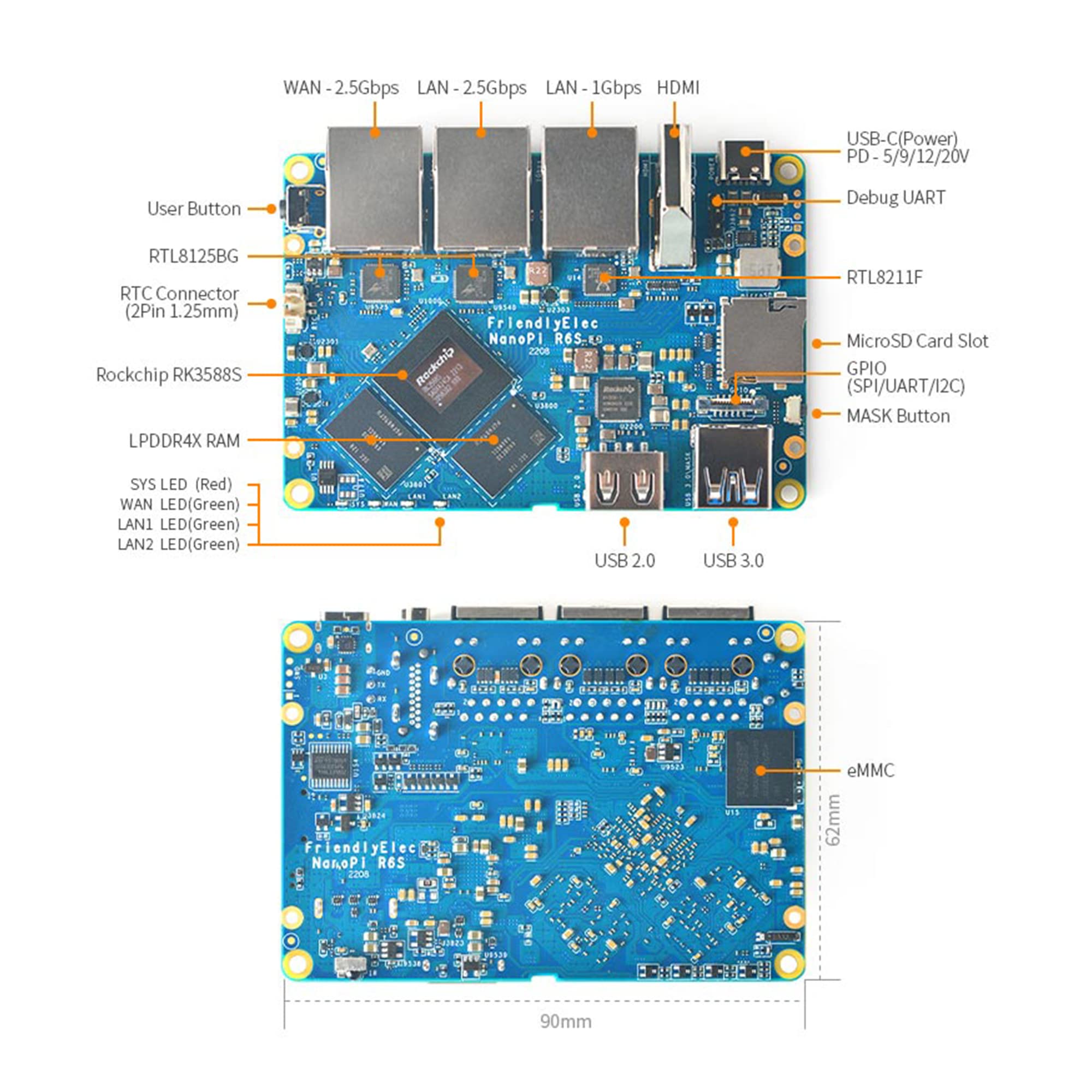 Friendly NanoPi R6S Router RK3588S Cortex-A76, 8GB DDR4 32GB eMMc 2.5G eth ubuntu debian, FriendlyWrt, Android GPU VPU