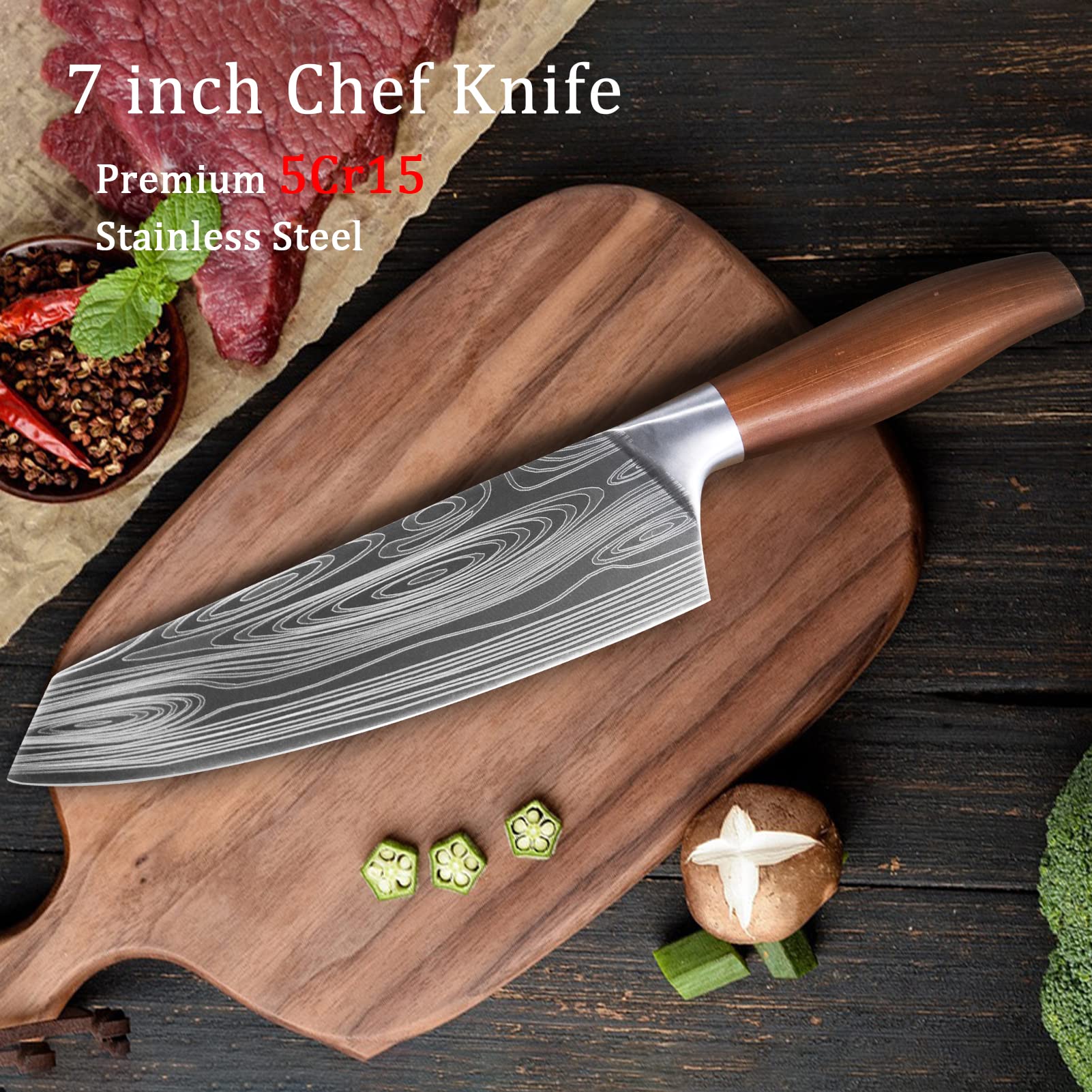 WXCOO 7 inch Laser Engraving Chef Knife, Professional Kitchen Chef’s Cooking Knife Sharp Asian Knives for Home & Restaurant, Stainless Steel Chinese Chef Knife with Wooden Ergonomic Handle