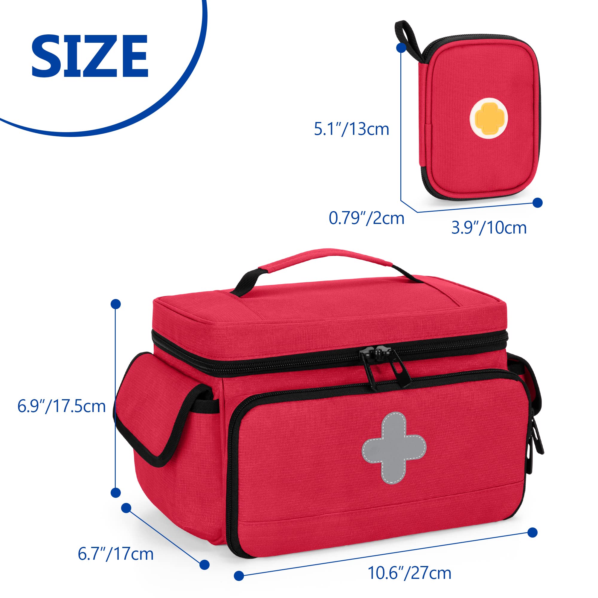 CURMIO Medicine Storage Bag Empty, Lockable Pill Bottle Organizer with Portable Zippered Pouches for First Aid Kits, Medicine Box for Home and Travel, Red (Patent Pending)