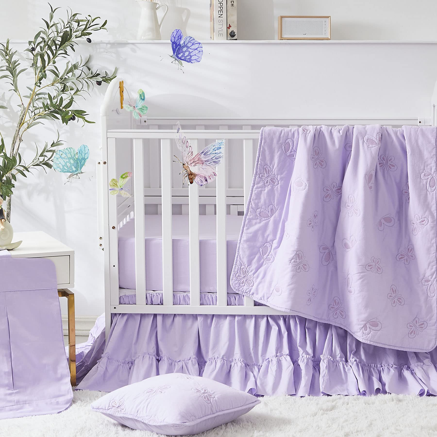 Brandream Purple Baby Girls Crib Bedding Set with Embroidered Butterfly Quilt, Crib Sheet, Crib Bed Skirt | 6-Piece Cotton Nursery Bedding Set